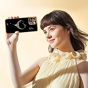 Petitian for iPhone 14 Plus Case, Cute Women Girls Bling Glitter Love Heart Designed for iPhone 14 Plus Phone Cases, Girly Gold Plating Phone Cover for 14 Plus with Camera Protection Black