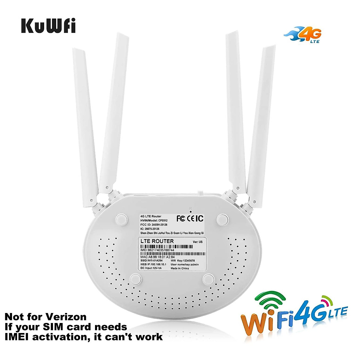 KuWFi 4G LTE Router with SIM Card Slot, 300Mbps Unlocked Wireless WiFi Internet Routers with 4pcs Non-Detachable Antennas for USA/CA/MX[Not for Verizon]