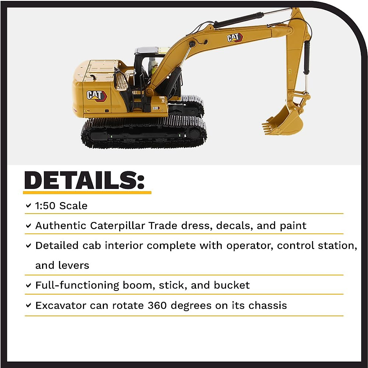 Diecast Masters 1:50 Caterpillar 320 Hydraulic Excavator | High Line Series Cat Trucks & Construction Equipment | 1:50 Scale Model Diecast Collectible | Diecast Masters Model 85569