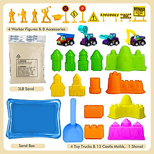 Play Sand for Kids, 3lbs Magic Sand, Building Castle Sand Molds Tools, Construction Trucks, Construction Toys and Signs, Sand Tray and Storage Bag, 43PCS Sandbox Toys Set for Toddlers Kids Boys Grils