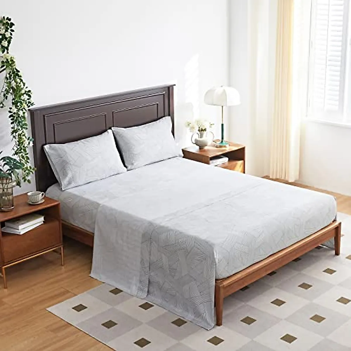 UOZZI BEDDING Cotton Gray Comforter Sheet Set Queen Size 7 Pieces Bed in a Bag with White Branch Soft Bed Set (1 Comforter 2 Pillow Shams 1 Flat Sheet 1 Fitted Sheet 2 Pillowcases)