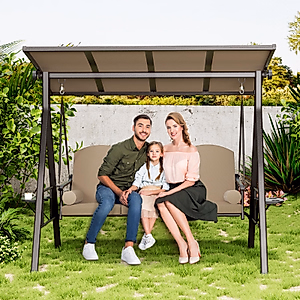 EBE Outdoor Porch Swing with Polycarbonate Hardtop, 3 Seat Patio Swing Chair with 2 Side Cup Holder, Convertible Backrest Swing Bed with Cushion, 2 Pillows for Front Porch Garden, Brown