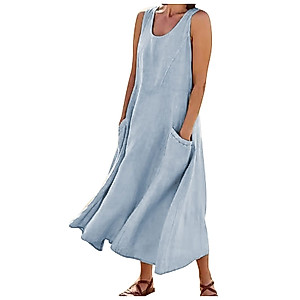 Maxi Dress for Women,2023 Spring Summer Cotton Linen Dress,Ladies Plus Size Boho Beach Flowy Long Dress with Pockets,Casual Trendy Elegant Sleeveless Sundress for Holiday Resort Wear（C-Blue,XXL