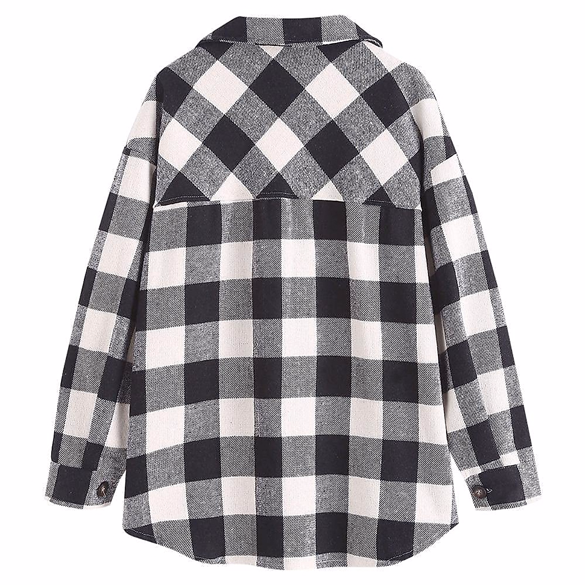 ZAFUL Women's Plaid Long Sleeve Shirt Button Down Wool Blend Thin Jacket Casual Blouse Tops with Pocket Black and White