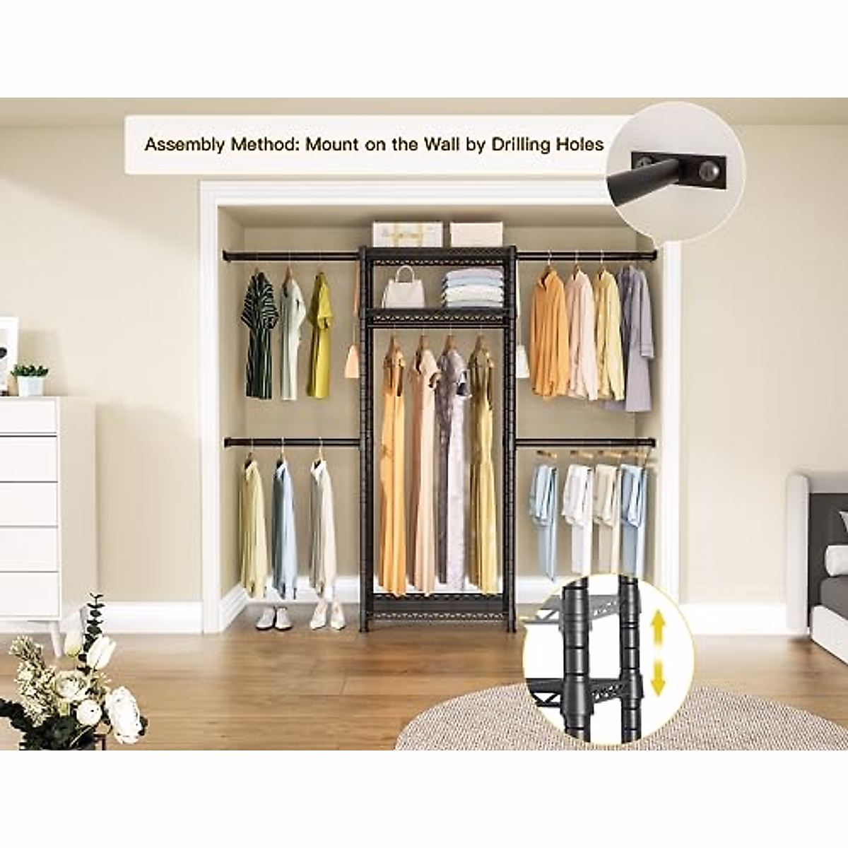 Ulif M3 Clothes Rack Closet Organizer and Storage System 3 Tiers Built-in Wall Mounted Heavy Duty Garment Rack with 4 Expandable Hanger Rods, Fits Space 4.3-9.3 ft, 72.2"H, Load Capacity 710LBS, Black