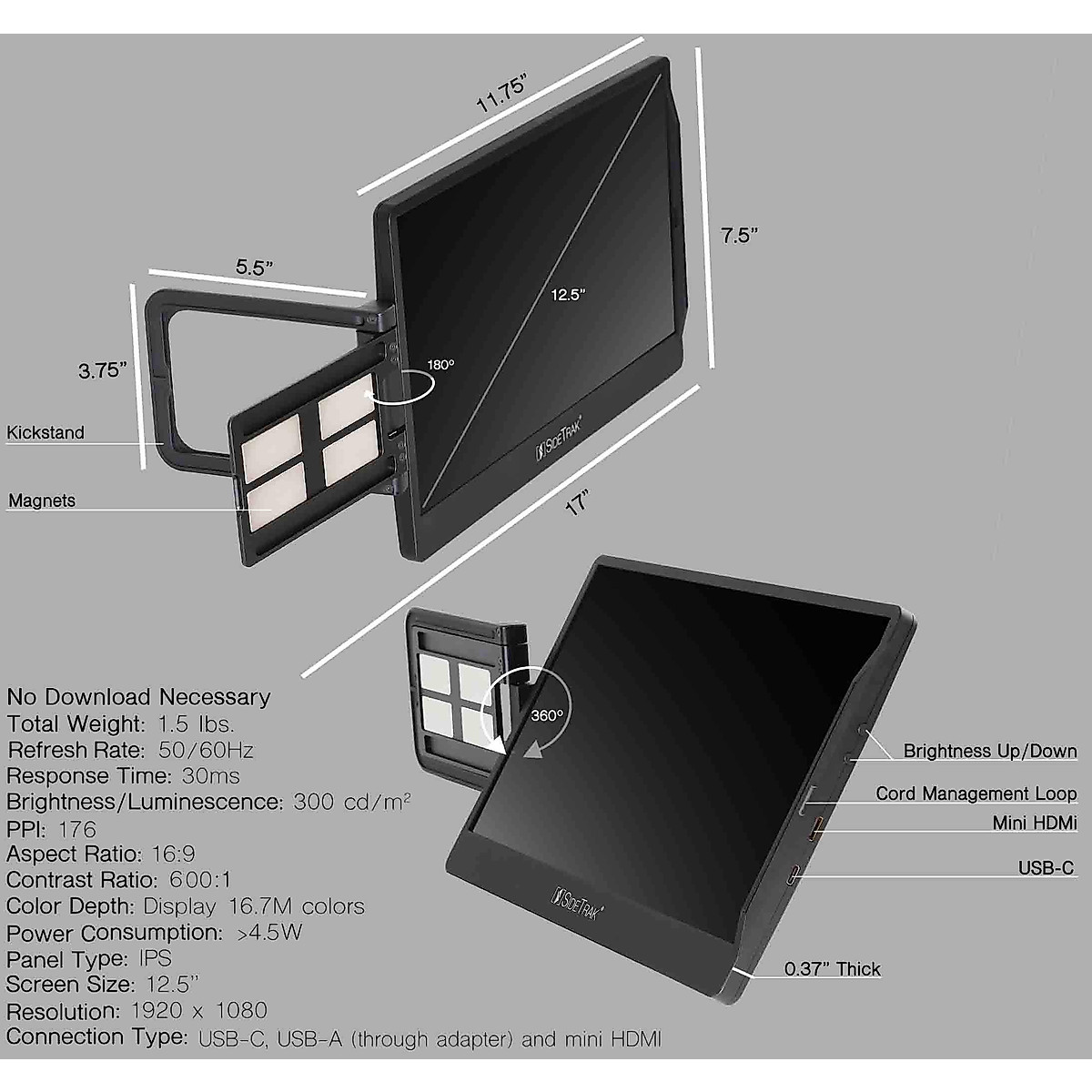 SideTrak Swivel 12.5” Attachable Portable Monitor for Mac FHD IPS Dual Screen with Kickstand | Compatible with All MacBook Pro & MacBook Air Laptops | Powered by USB-C or Thunderbolt