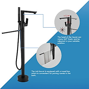 RUMOSE Tub Filler Freestanding Bathtub Faucet with 12.2 Inches Towel Bar Matte Black Floor Mount Tub Faucet Swivel Spout High Flow Bathtub Filler with Handheld Sprayer, Towel Rack