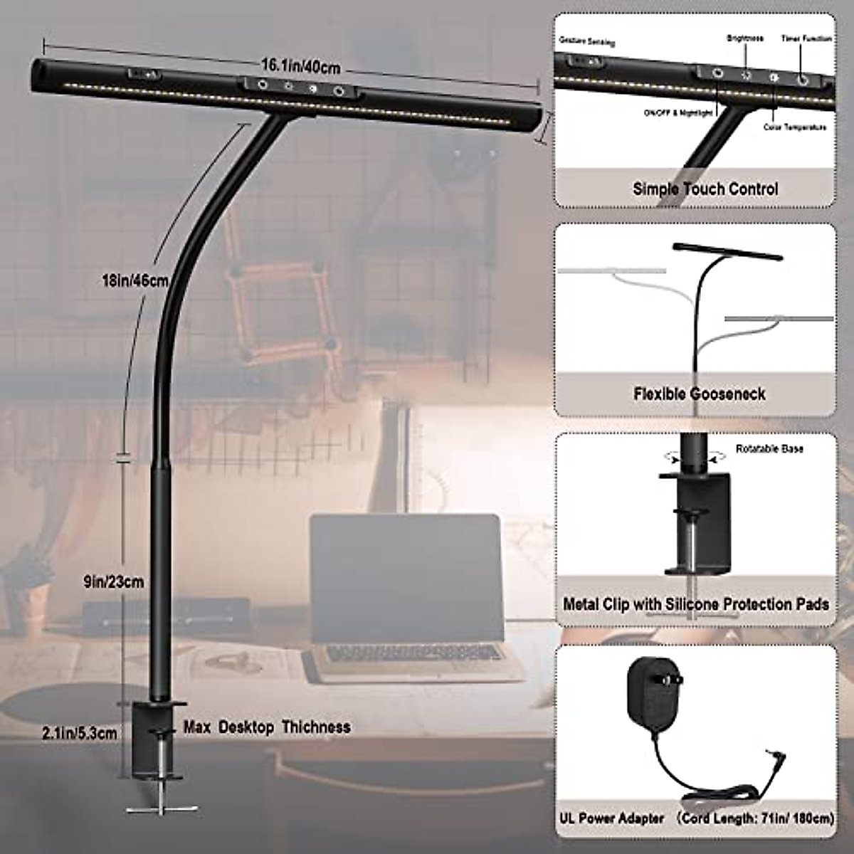 EYOCEAN Desk Lamp, LED Desk Lamp with Clamp Adjustable Brightness & Color Temperature, Architect Desk Lamp Eye-Caring, Gesture Sensing Desk Light with Flexible Gooseneck& Timer for Home Office, 12W