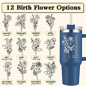 Personalized 40oz Tumbler with Handle and Straw Custom Insulated Cups with Engraved Name Birth Month Flowers Stainless Steel Travel Coffee Mug Customized Gifts for Women Men