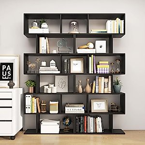 Tangkula 6 Tier S Shaped Bookshelf, 31.5''L x 9''W x 75''H, Wooden Bookcase and Bookshelves w/Anti-Toppling Device, Room Divider Display Shelves for Living Room, Home Decor, 6 Shelf Bookshelf