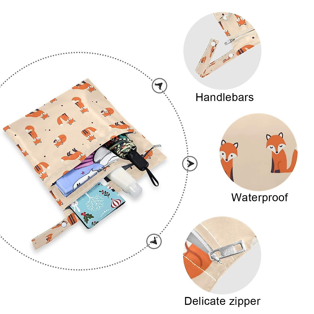 Cute Animal Fox Pattern Wet Dry Bag Set Waterproof Reusable Baby Diaper Bags Organizer with Two Zippered Pockets for Travel Beach Swimming Swimsuit Wet Clothes 2 Pack