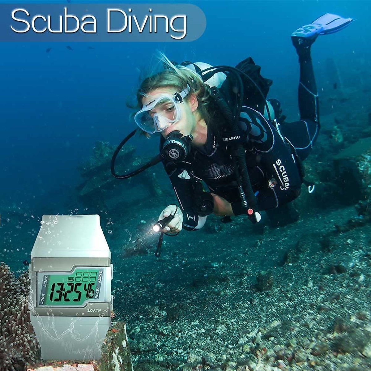 ILAME Digital Swimming Diving Wristwatch 10 ATM Waterproof with Multiple Functions of Lap Stopwatch, Alarm Clock, Calendar and Backlight