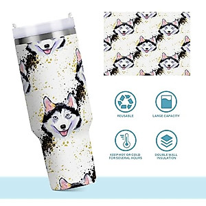 RPLIFE Watercolor Kawaii Husky Dog Tumbler with Handle, Stainless Steel Coffee Mug, Tumbler with Straw