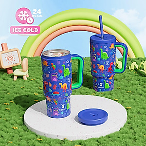 Meoky 24 oz Tumbler with Handle and Straw, 100% Leak-proof Tumbler with Lid and Straw, Insulated Stainless Steel Travel Coffee Mug, Keeps Cold for 24 Hours (Dinosaur & Flamingo)