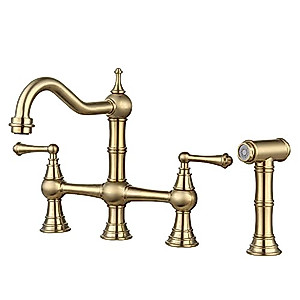 WOWOW Brass Kitchen Faucet Bridge with Side Sprayer, 4 Hole Kitchen Faucet 2 Handle 8 Inch Centerset Gold Faucet for Kitchen Sinks, Heritage Brushed Gold Kitchen Sink Faucet