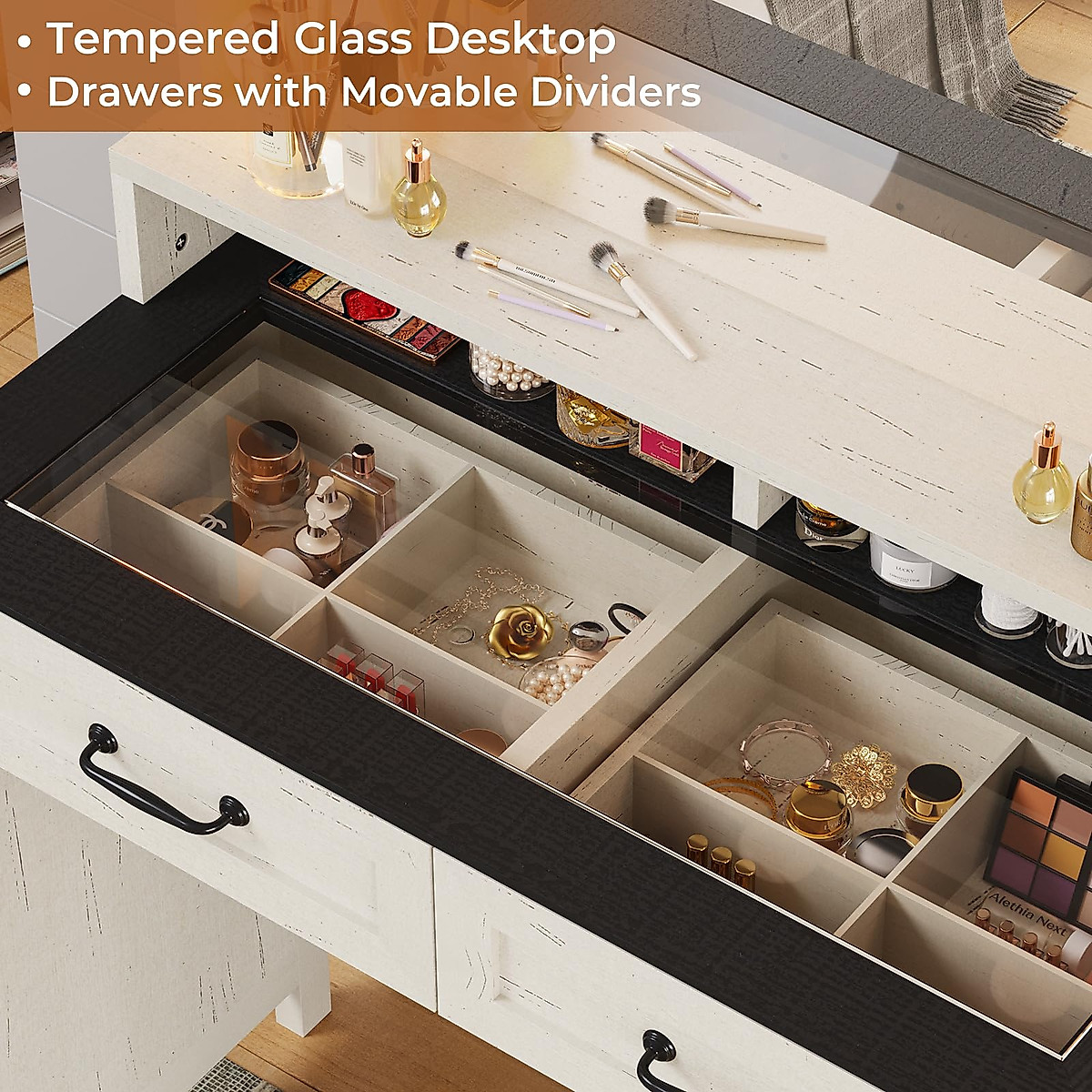 HAUOMS Farmhouse Vanity, 56.9” Western Makeup Desk with Mirror, Power Outlet, 11 Lights, Large Barn Dresser Vanity Table, Big Glass Top, 5 Drawers, Cabinet Storage, Antique White