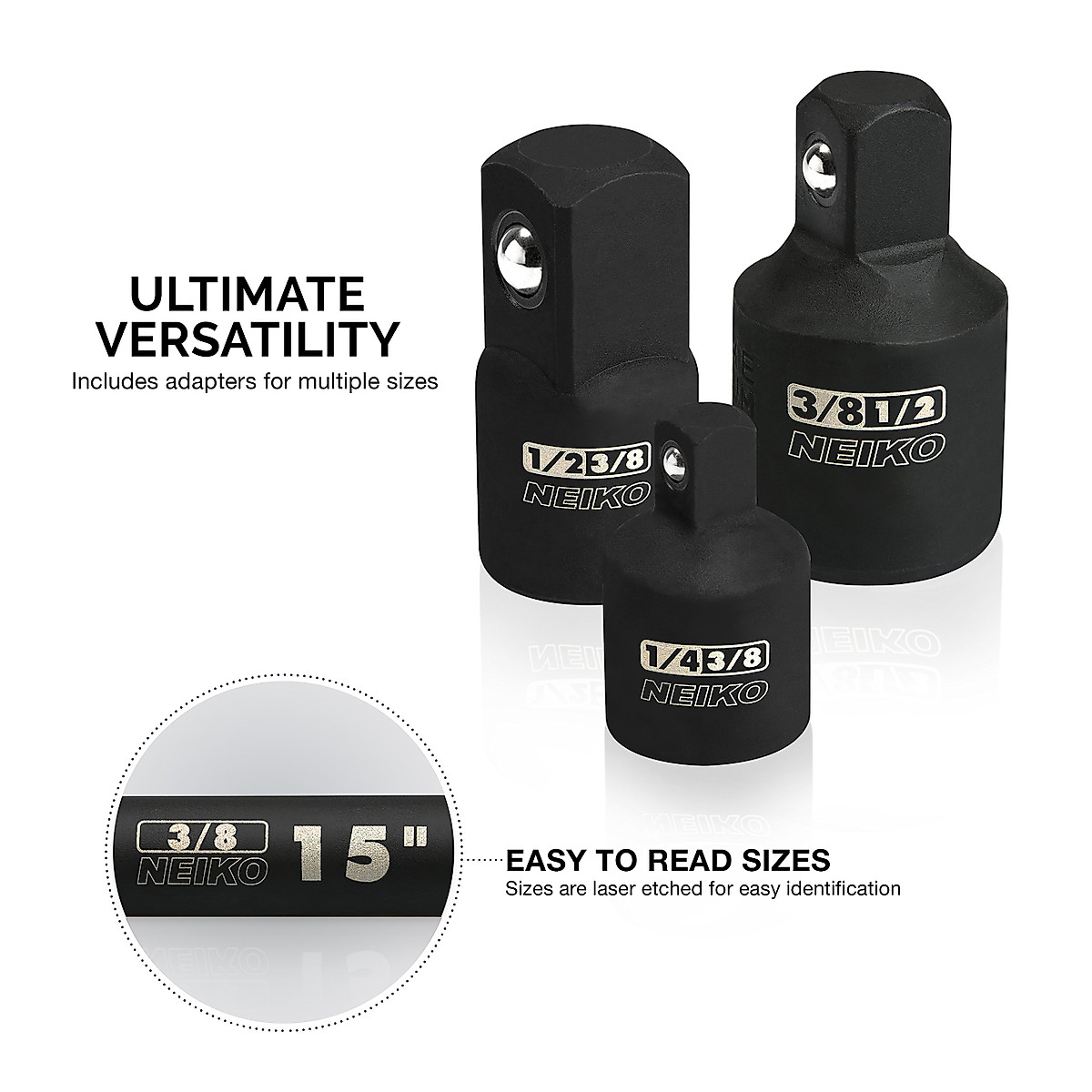 NEIKO 00258A 15” Long Impact Extension Set and Impact Socket Adapter Set, 1/4", 3/8”, 1/2” Drive Extensions and Socket Adapters, 6 Pieces Total (3 Piece Each), Chrome Vanadium Cr-V Steel