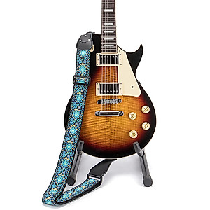 NeuSchwan Adjustable Electric Guitar Strap/Acoustic Guitar Strap/Bass Strap-Cotton Jacquard Embroidered Genuine leather Ends Guitar Straps with 1 Pick Holder, Free Bonus 2 Silicone Strap Locks, Blue