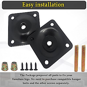 NGe 4set M8 Sofa Leg Mounting Plates,Furniture Sofa Legs Attachment Plates T-Plate,with Hanger Bolts(Black Flat)
