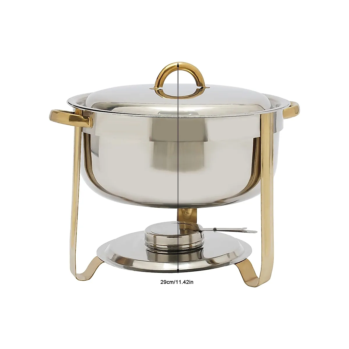 Choice 14.2 Qt Deluxe Round Gold Accent Soup Chafer - High-Capacity Stainless Steel Chafing Dish with Fuel Paste Container, Detachable Lid and Pot, U-Shaped Handles, Perfect for Buffets