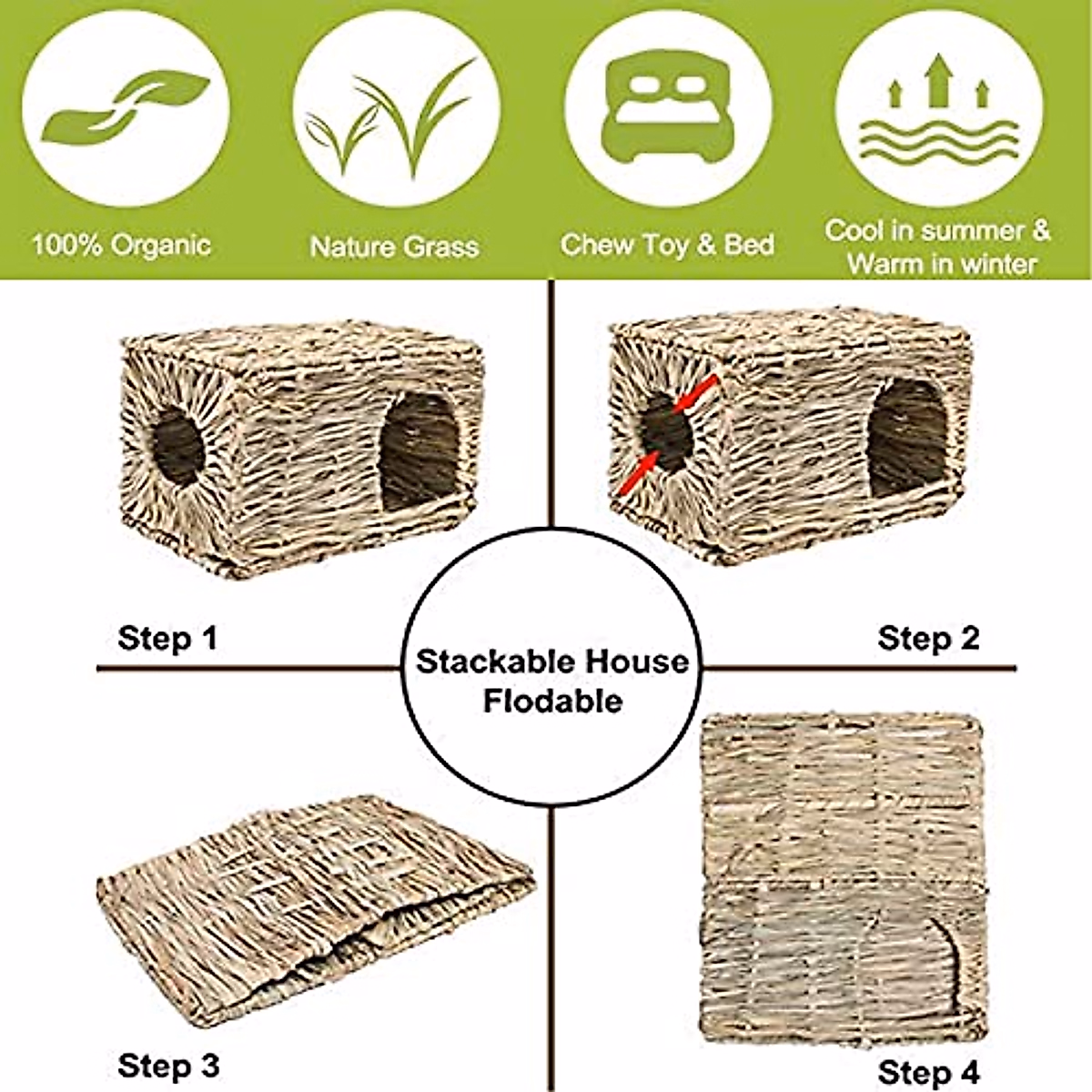 Tfwadmx 2 Pack Rabbit Grass House - Natural Hand Woven Seagrass Play Hay Bed, Collapsible Hideaway Hut Toy for Bunny Hamster Guinea Pig Chinchilla Ferret