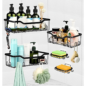 Shower Caddy Sheves,[ 5 Pack ]Bathroom Shelf Organizer with Soap Holder,No Drilling Adhesive SUS 304 Stainless Steel Rustproof Storage Basket Rack Shelves for Home Bathroom Kitchen Toilet(Matte Black)