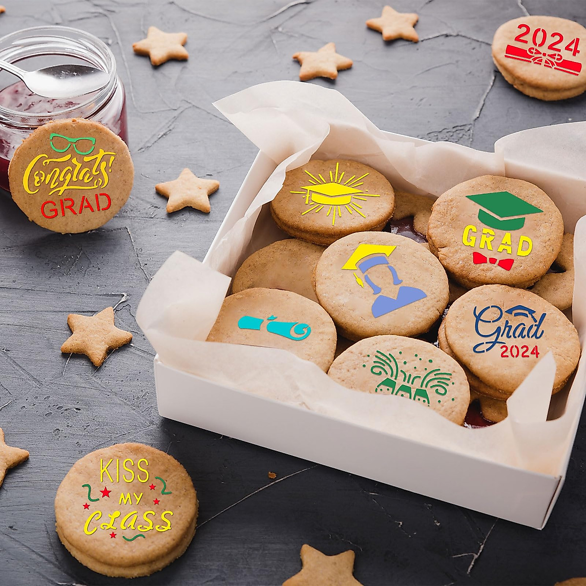 Geiserailie 30 Pcs 2024 Graduation Cookie Stencils Graduation Cake Templates 2024 Graduation Coffee Stencils Reusable Graduation Cake Cookies Stencils for Celebrate Graduation DIY Art Notebook Wood