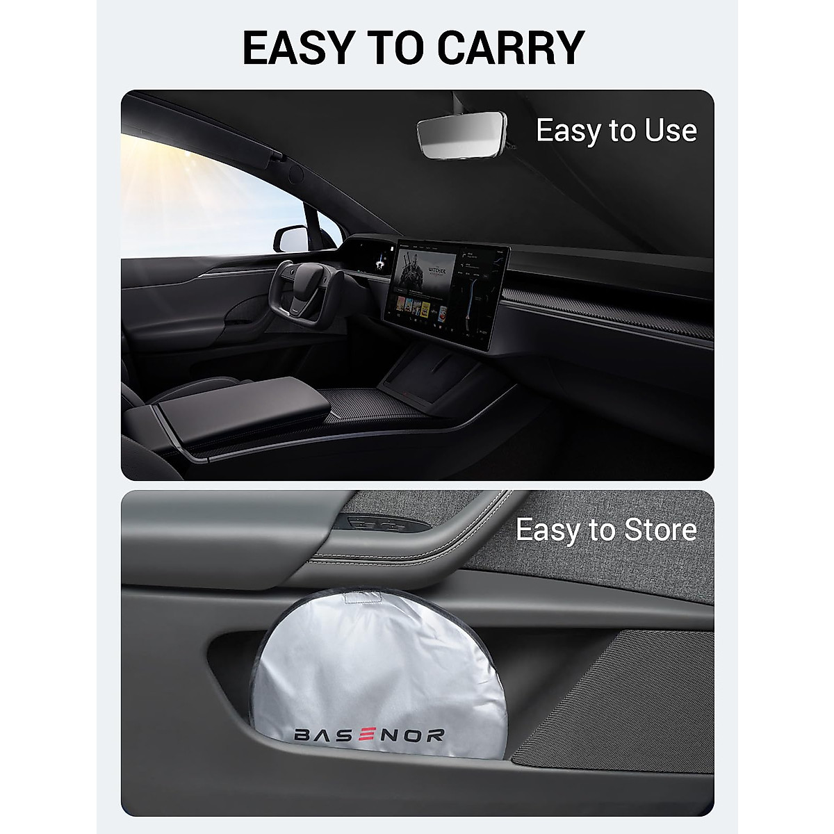 BASENOR Tesla Model X Windshield Sunshade Folding Sun Visor Protector Sun Shade Cover with a Storage Bag Fit Model X 2021-2024