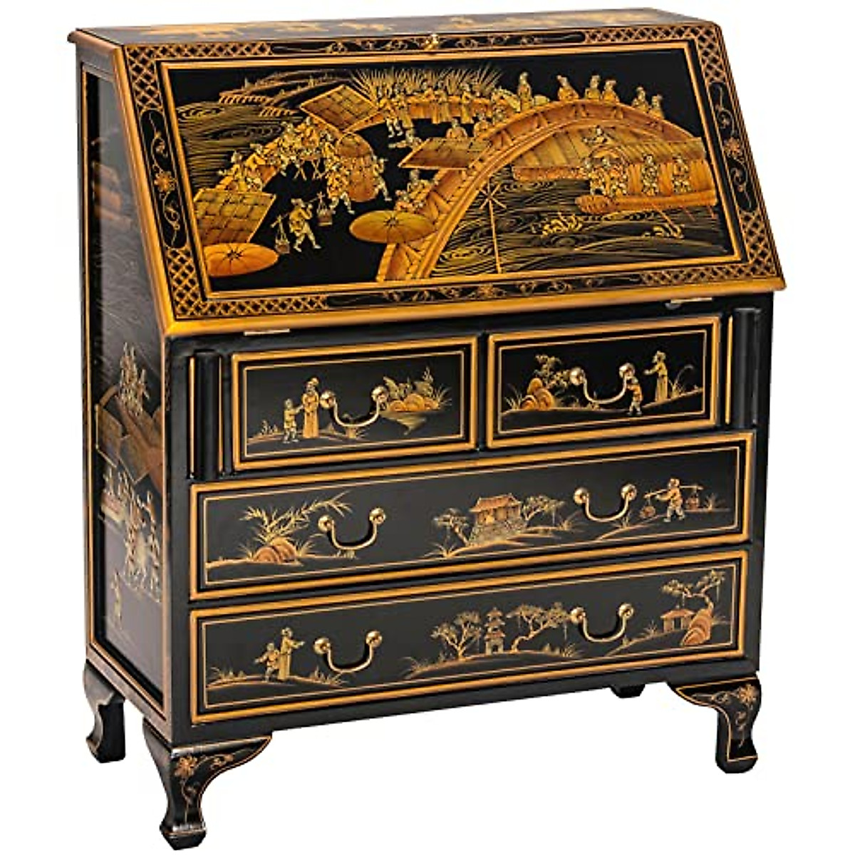 Red Lantern Hand Crafted Artisanal Black Lacquer Secretary Desk - Ching Ming