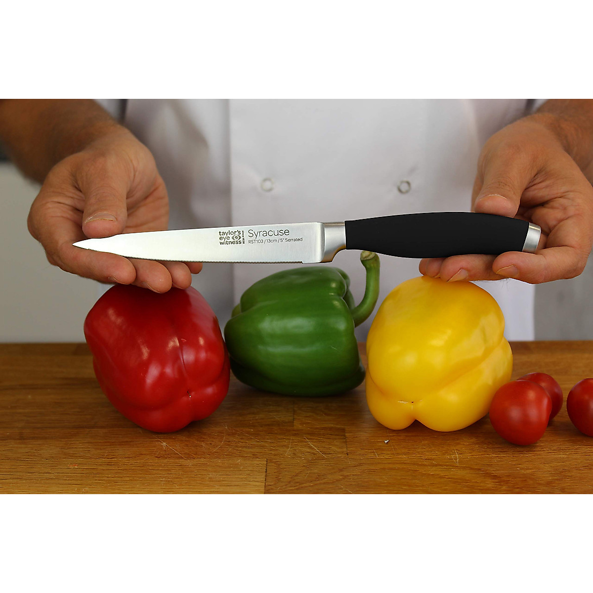 Taylors Eye Witness Syracuse Serrated Utility Kitchen Knife - Professional 13cm/5” Cutting Edge, Multi Use. Ultra Fine Toothed, Razor Sharp Blade. Soft Textured Grip Matte Black Handle.