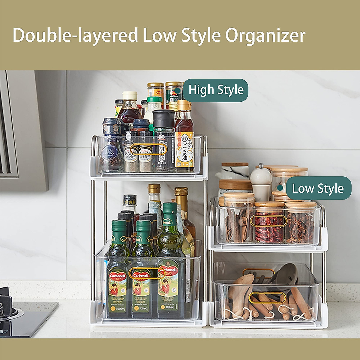 ILIKUHOME Under Sink Organizers and Storage, 2-Tier Clear Organizer with Sliding Drawers, Muti-purpose Pull Out Organizers for Bathroom, Kitchen, Pantry, Makeup, Office, Low Style