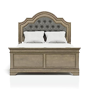 Furniture of America Apollinarius Transitional Wood 3-Piece Set, Tufted Headboard King-Size Bed and 3-Drawer Nightstand for Bedroom, Antique Warm Gray
