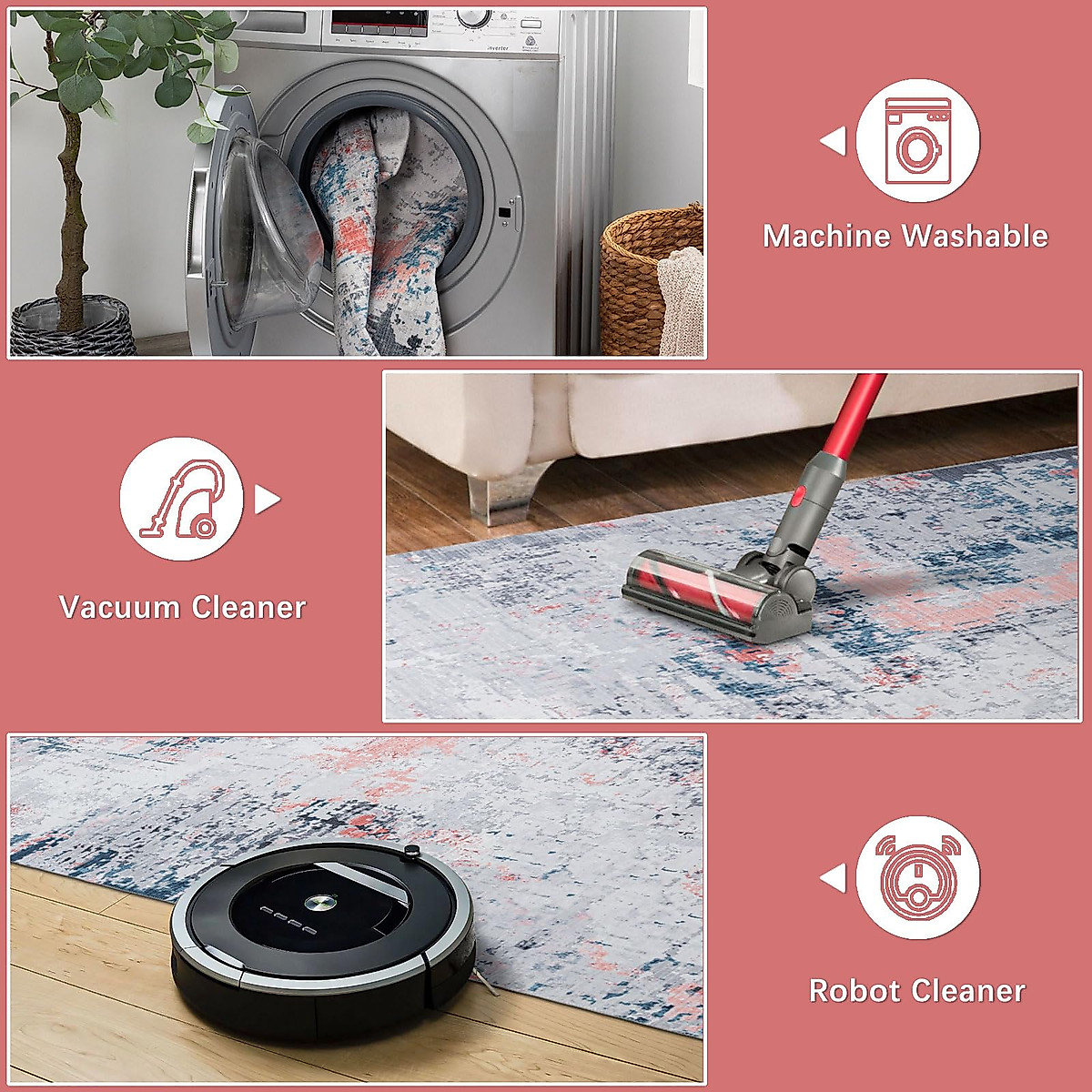 Fashriend Katina Modern Area Rug, 5'×7' Washable Abstract Rug, Non-Slip Pastel Accent Rug, Non-Shedding Aesthetic Colorful Carpet with Low Pile for Living Room, Bedroom, Dining, Office, Pink/Orange