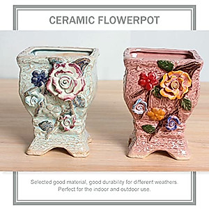 VOSAREA Hand Painted Square Succulent Planter Cactus Planter Pot Bonsai Pot Clay Pot Flower Pot Floral Design Random Color