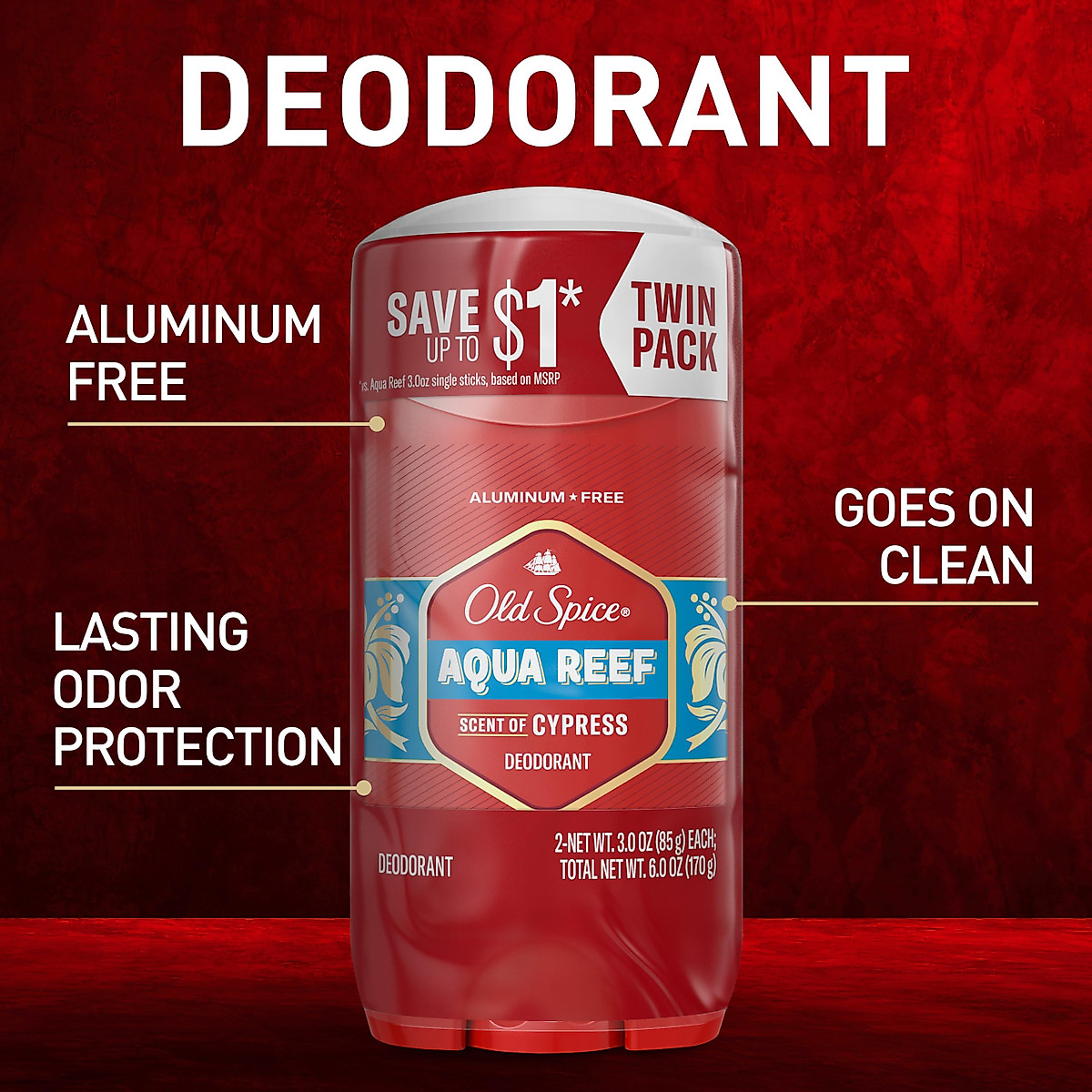 Old Spice Aluminum Free Deodorant for Men, 24/7 Odor Protection, Red Zone Collection, Aqua Reef with Cypress Scent, 3 oz (Pack of 2)