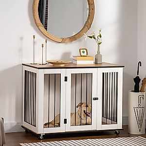 PawHut Large Dog Crate Furniture on Wheels, Dog Crate End Table Indoor with Lockable Door for Large Dogs, 42" W x 23.5" D x 32" H, White