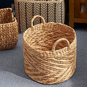 Round Water Hyacinth Seagrass Woven Basket with Handles - 15" x 15" x 15" - Natural Brown - For Clothes, Towels, Canvas, Toys and Magazine Storage and Home Decoration