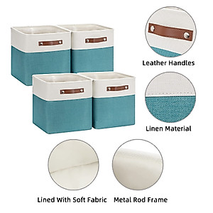 HNZIGE Fabric Storage Cube Bins Baskets for Organizing, 11 inch Cube Storage Bins, Set of 8, Collapsible Storage Bin with Handles, Closet Organizers and Storage Home Toy Nursery Bedroom(White Teal)