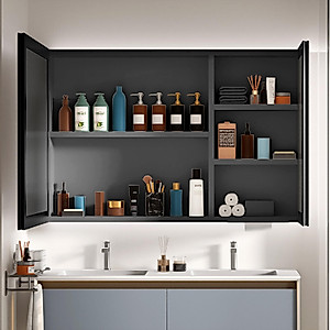 Lighted Medicine Cabinet with Mirror, Led Medicine Cabinet with Color Adjustment and Anti-Fog Mirror, Easy to Install 2 Doors Aluminum Wall Mounted Cabinet 31.5'' x 23.6'',Black