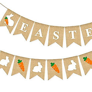 Burlap Easter Banner Easter Bunny Banner Easter Decorations Burlap Bunting Photo Props for Spring Themed Party Favors Supplies, Happy Easter Day Home Decor for Mantle Fireplace