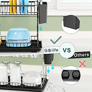 GSlife Dish Drying Rack, Rust-Resistant Small 2 Tier Dish Rack with Drainboard Set, Dish Drainer with Utensil Holder & Cup Holder for Kitchen Counter, Black