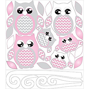 Pink Owl Wall Decals Stickers Owl Children's Nursery Wall Decor (Grey and Pink Owl Wall Decals)