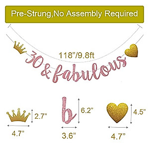30 & fabulous Banner, Pre-Strung, No Assembly Required, Funny Rose Gold Paper Glitter Party Decorations for 30th Birthday Party Supplies, Letters Rose Gold,ABCpartyland