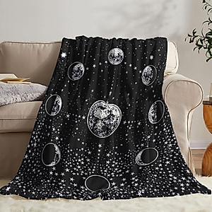 kampdream Moon Phase Black and White Fleece Throw Blanket, Starry Night Sky Mysterious Stars Mystic Astrology Cozy Nap Blankets Gift for Teens Boys Sofa Bed Couch Chair or Dorm Throws 40×50 inches