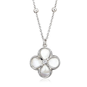 Vanbelle Sterling Silver Jewelry Four-Leaf Clover Pendant Necklace with Cultured Mother-of-Pearl in Beaded Chain and Rhodium Plated for Women