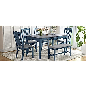 SIYSNKSI Mid-Century 6-Piece Dining Table Set with 4 Upholstered Dining Chairs and Bench, Wood Rectangular Dining Table with Drawer for Kitchen Living Room, Dining Table Set for 6 (Antique Blue)