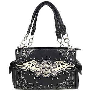 Zelris Skull Crossbones Angel Wings Heart Women Conceal Carry Handbag Wallet Set (Black)