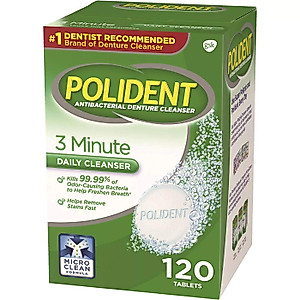 Polident 3 Minute Denture Cleaner 120 Tablets in Triplemint Bundle with Dentu-Care Denture Cleaning Cup Case With Lid Basket and Draining Basket for Cleaning and Storing
