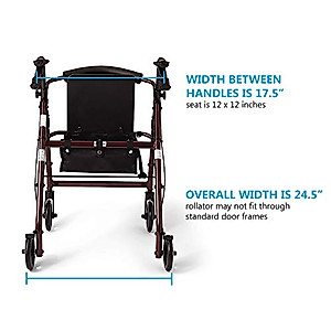 Medline Steel Foldable Adult Rollator Mobility Walker With 6” Wheels, Burgundy