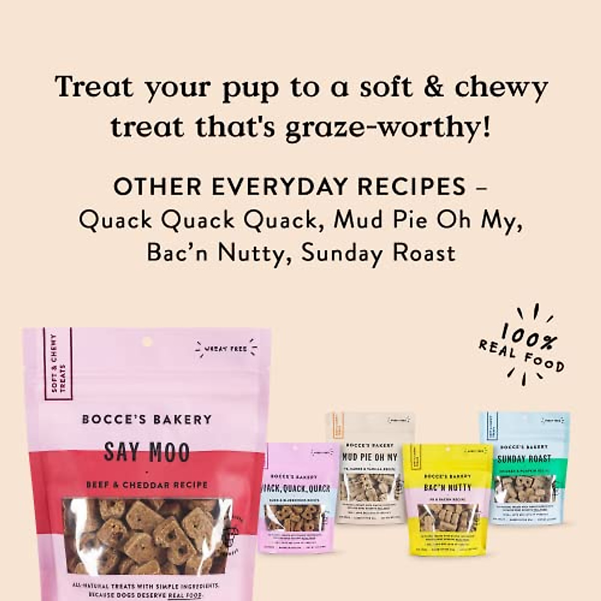 Bocce's Bakery Oven Baked Say Moo Treats for Dogs, Wheat-Free Everyday Dog Treats, Made with Real Ingredients, Baked in The USA, All-Natural Soft & Chewy Cookies, Beef & Cheddar Recipe, 6 oz